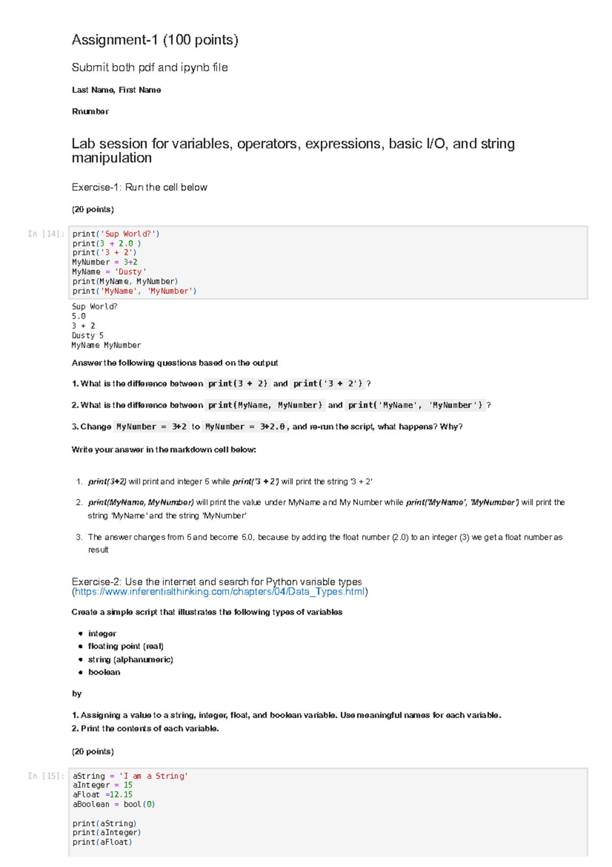 ENGR1330-Assignment 1: Python Basics & Variable Types Exercises - Studocu