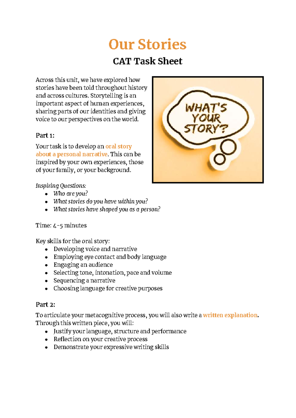 8EN - Our Stories - CAT Task Sheet: Oral & Written Narrative - Studocu