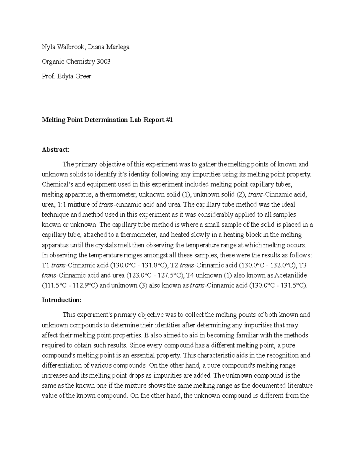 Melting Point Lab Report Organic Chemistry - Nyla Walbrook, Diana ...