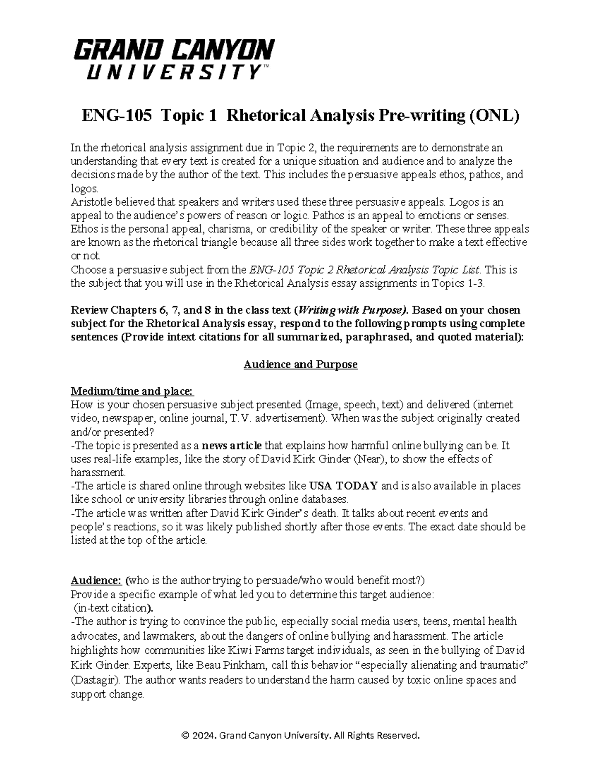 ENG-105ONL T1 Rhetorical Analysis Pre-Writing: Exploring Persuasive ...