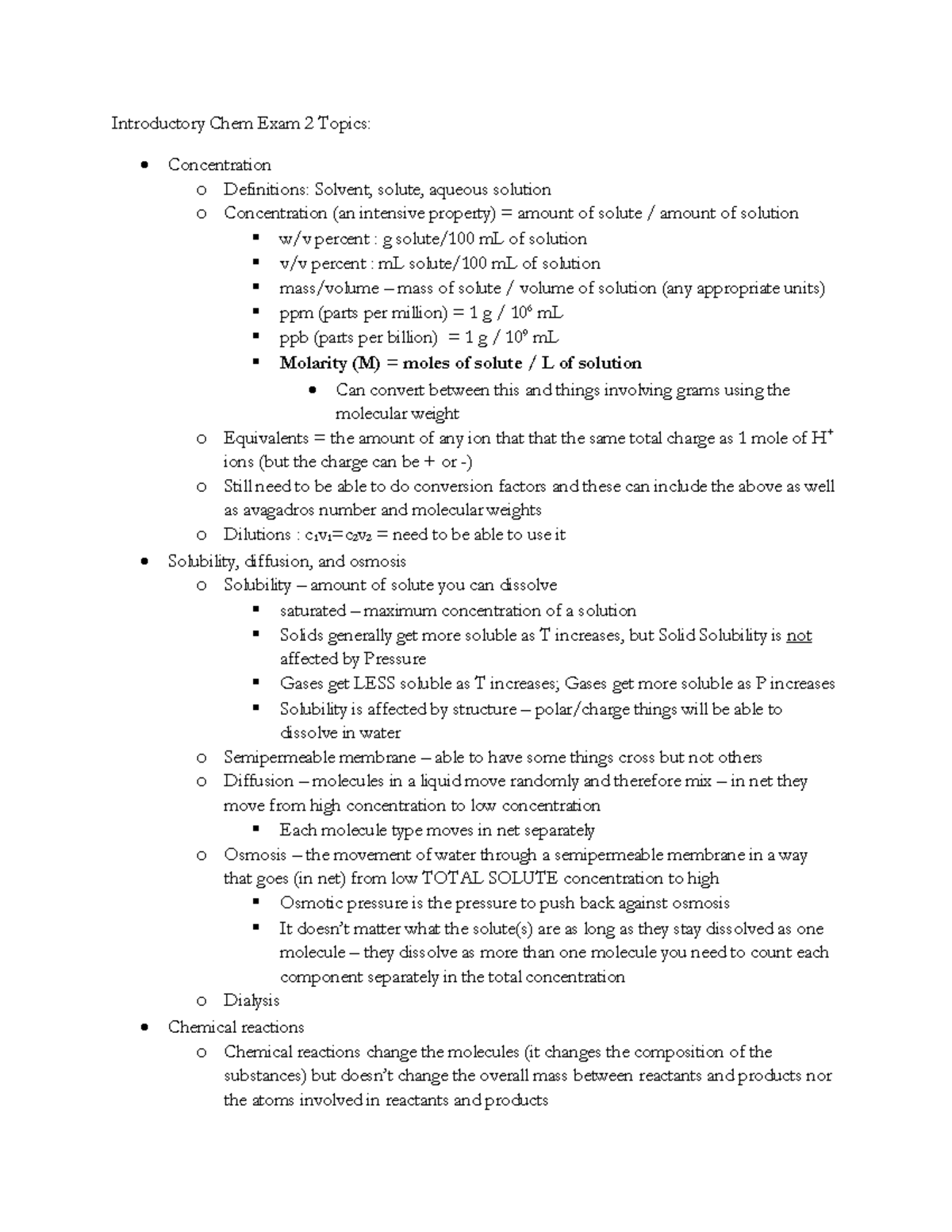 Introductory Chem Exam 2 Notes: Reactions, Equilibrium & Concentration ...