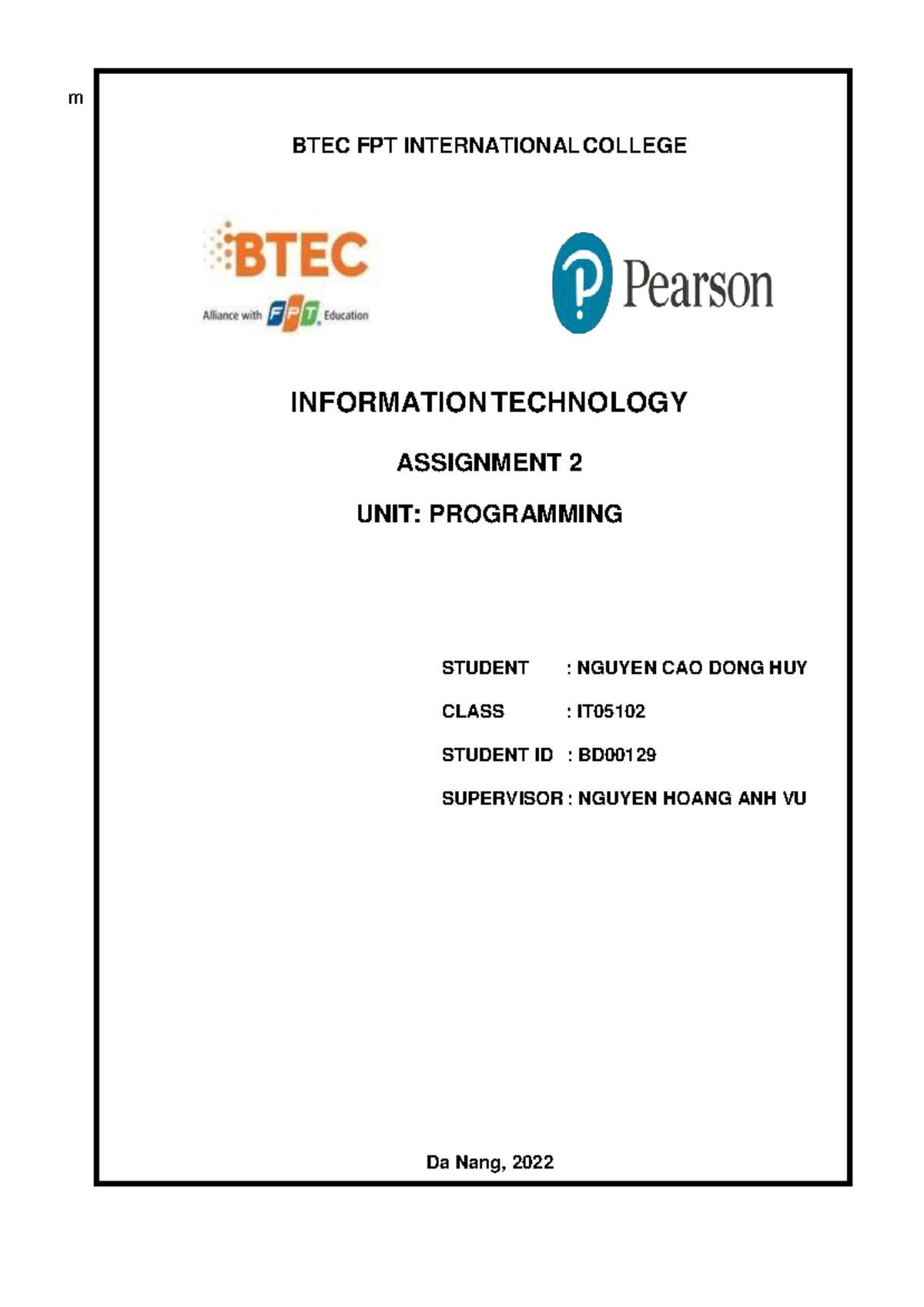 ASM2 Programming IT05102 Nguyen Cao Dong Huy - m BTEC FPT INTERNATIONAL ...
