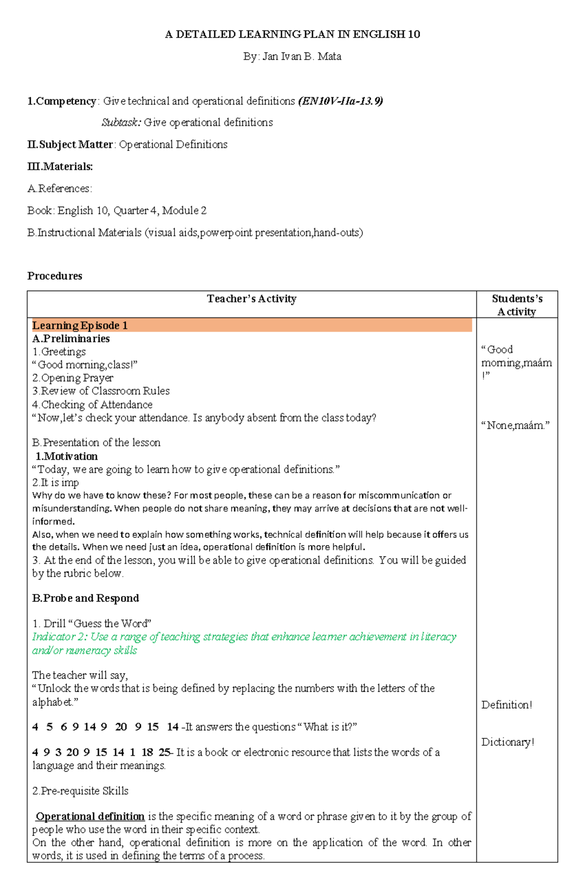 Detailed Learning Plan for English 10: Operational Definitions - Studocu