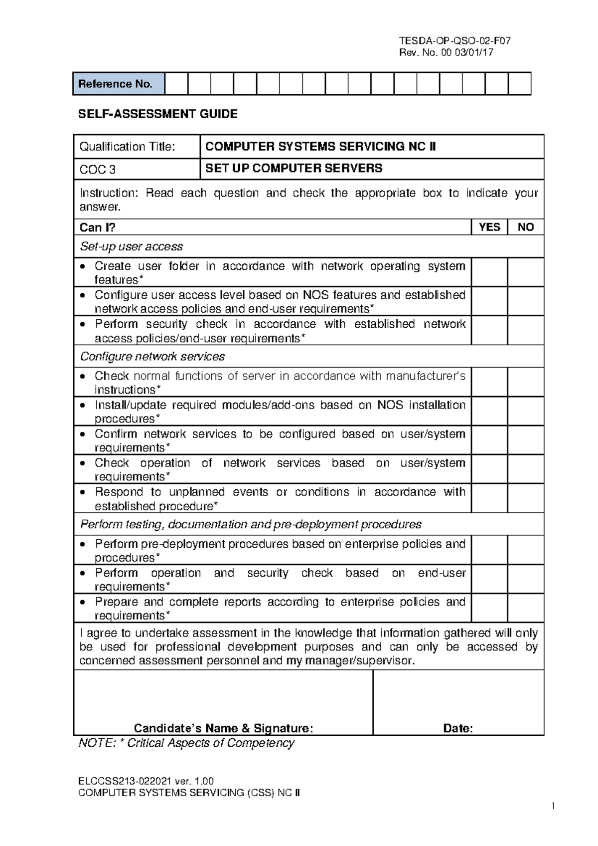 COC3.SELF Assessment Guide (SAG) - ELCCSS213-022021 ver. 1. COMPUTER SYSTEMS SERVICING (CSS) NC ...