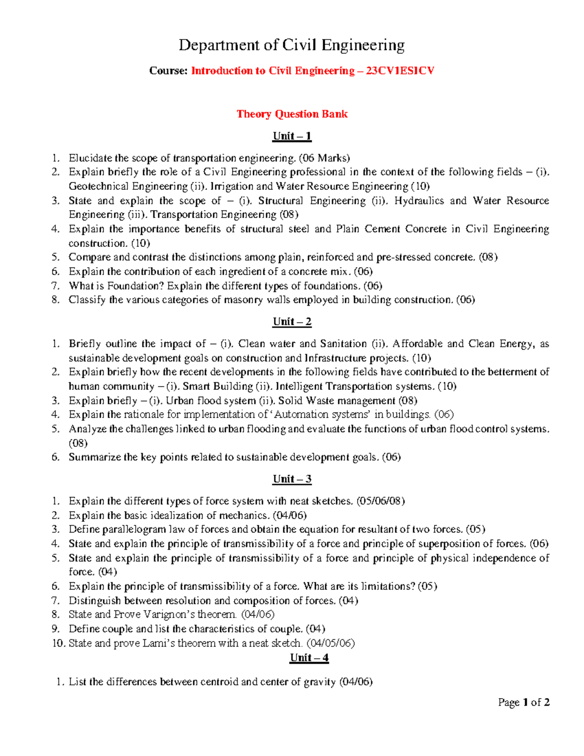 Introduction to Civil Engineering Theory Questions Bank - 23CV1ESICV ...
