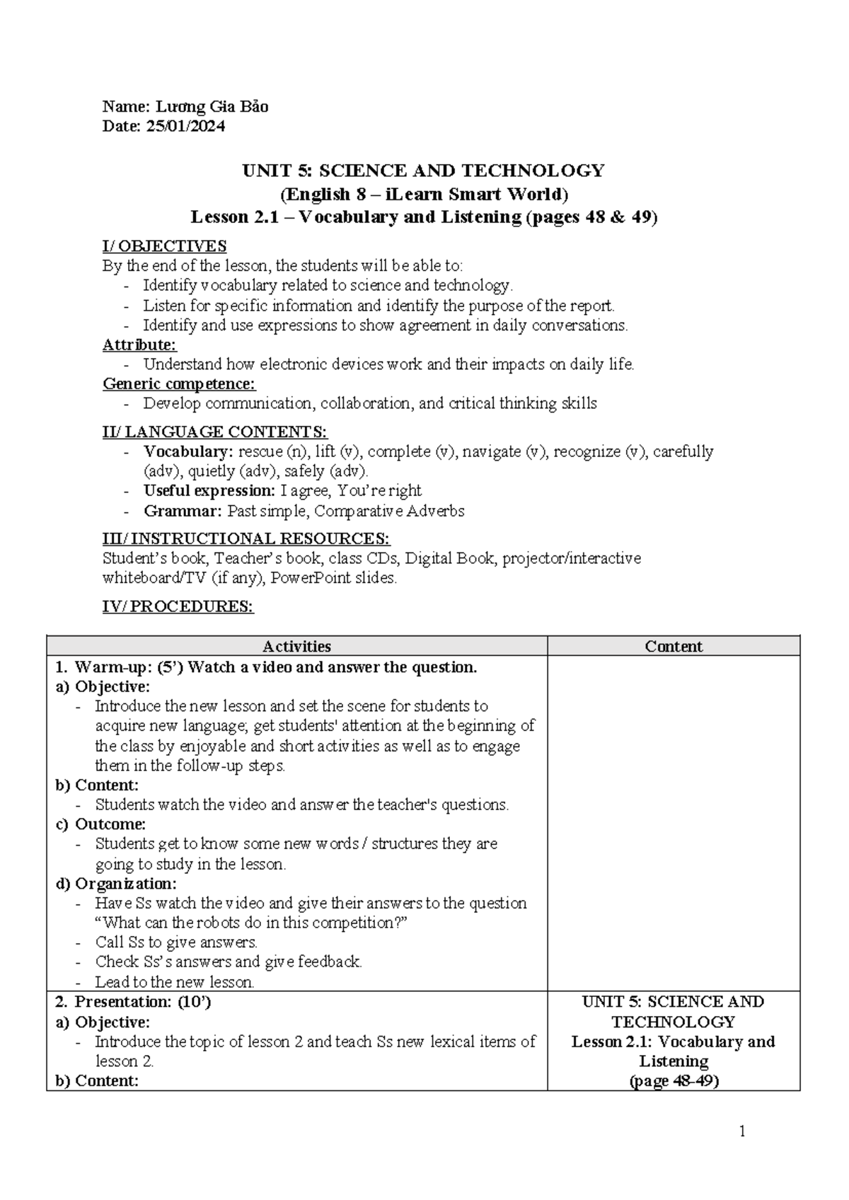 Lesson Plan G8 - U5 L2.1: Vocabulary & Listening on Science & Tech ...