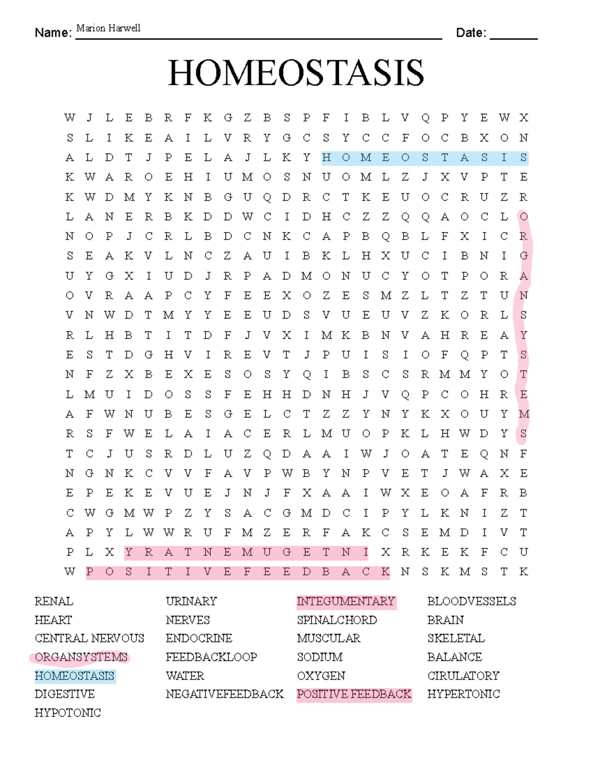 Marion Harwell - Homeostasis Word Search - Name: - Studocu