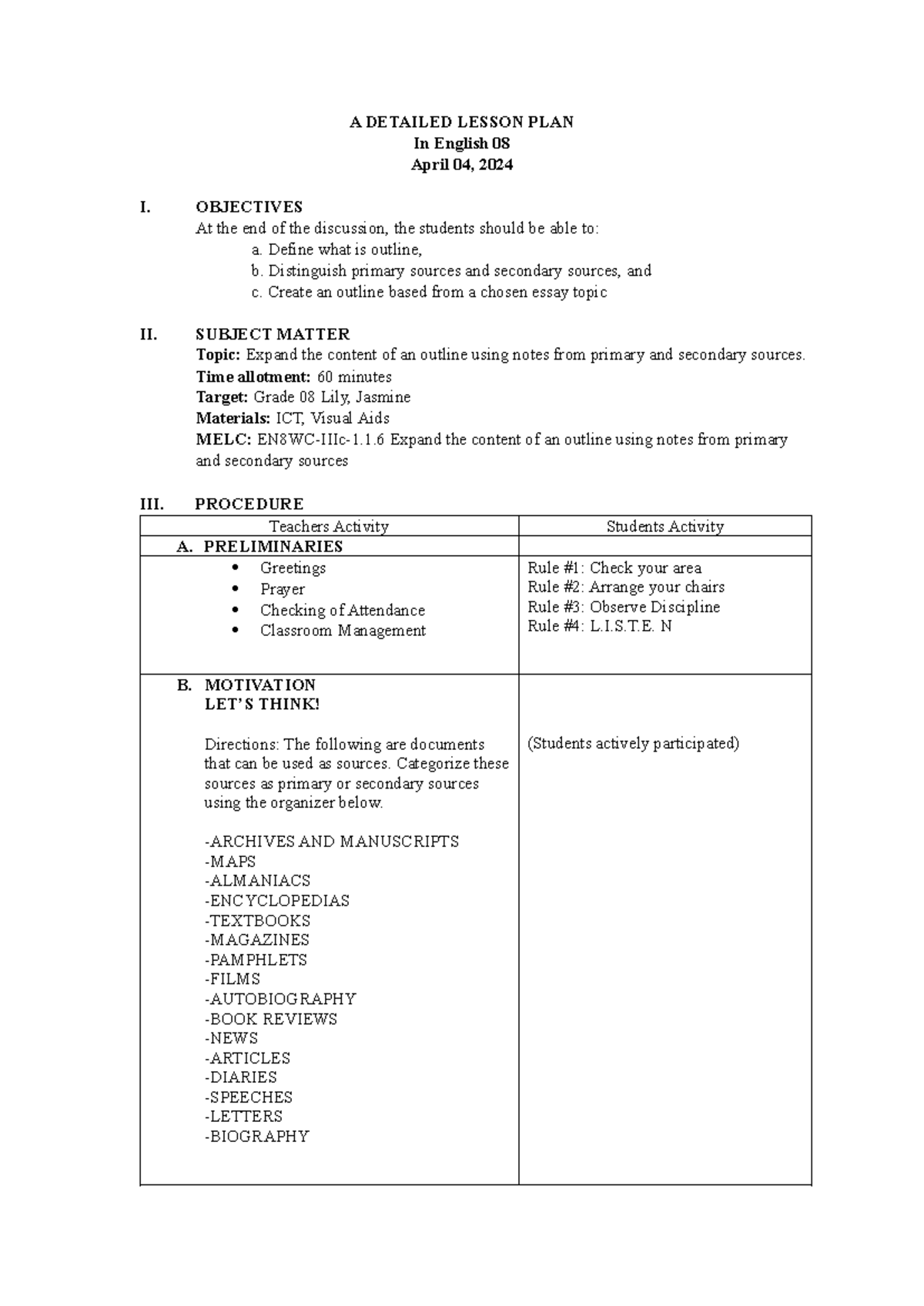 EN08 Lesson Plan: Expanding Outlines with Primary & Secondary Sources ...