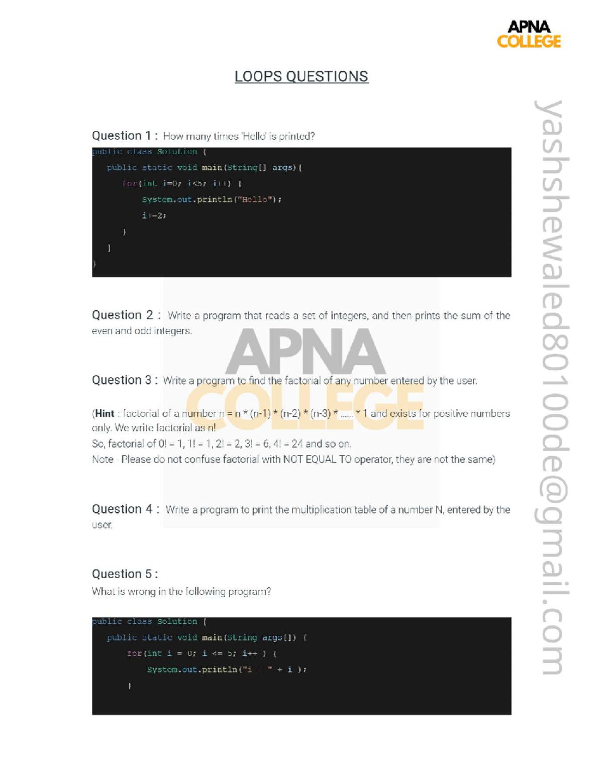 APNA COLLEGE LOOPS QUESTIONS - Programming Exercises - Studocu