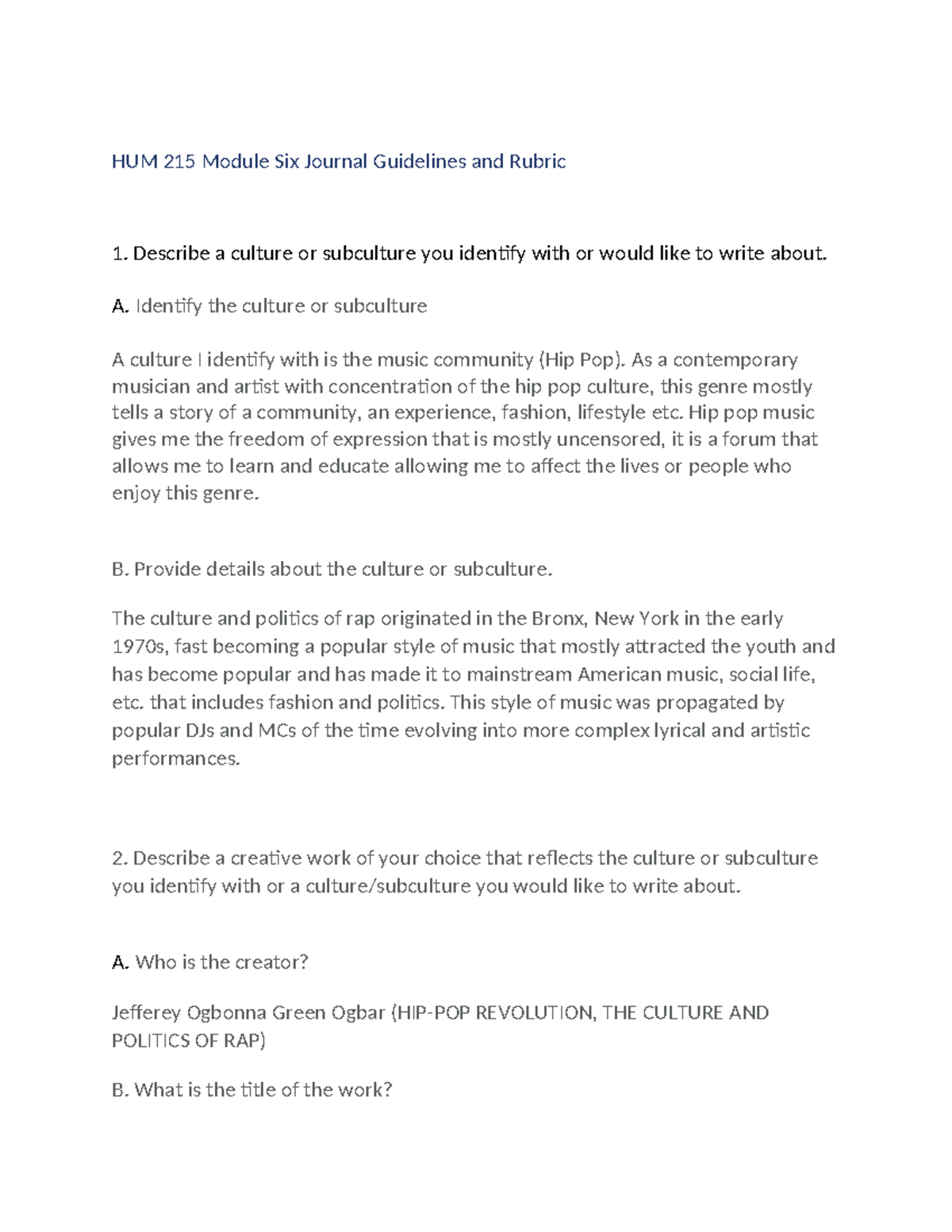 HUM 215 Module 6 Journal: Exploring Hip Hop Culture and Its Impact ...