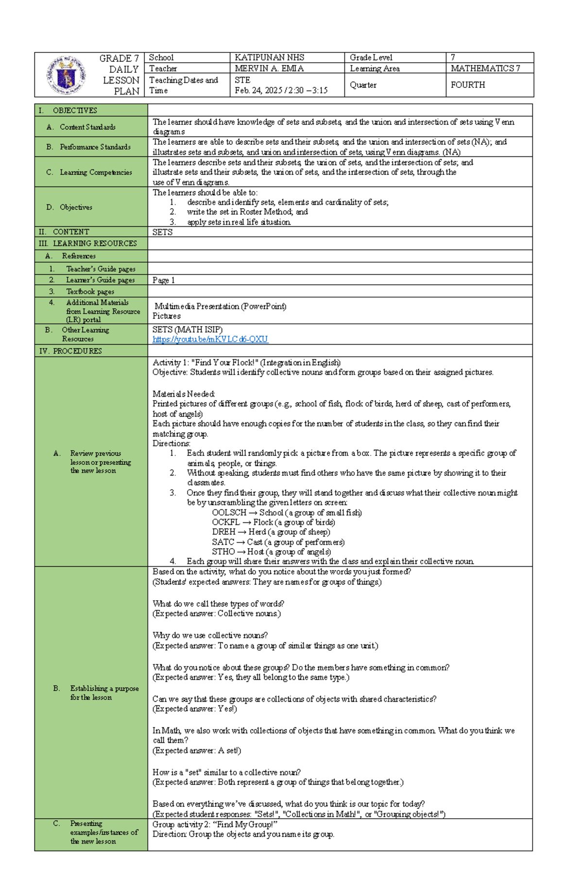 SETS (DLP) - Grade 7 Daily Lesson Plan on Mathematics - Studocu
