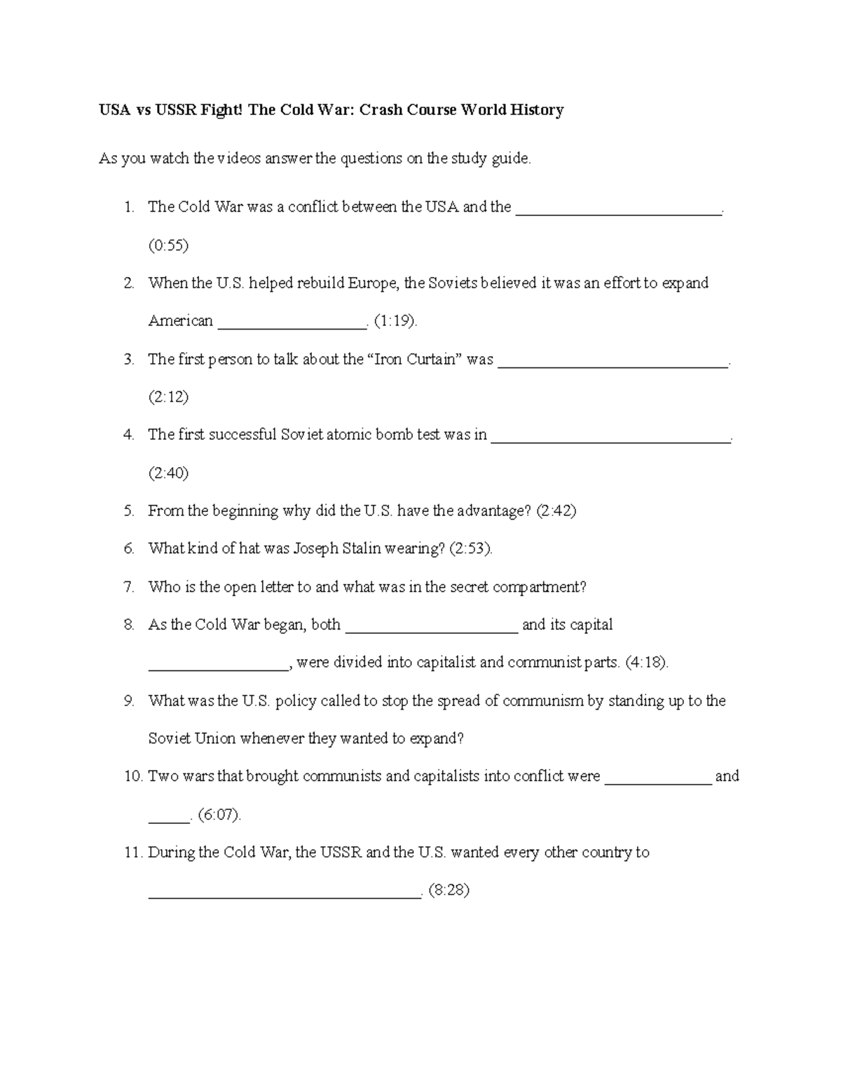 USA vs USSR Fight: Cold War Study Questions Guide - Studocu