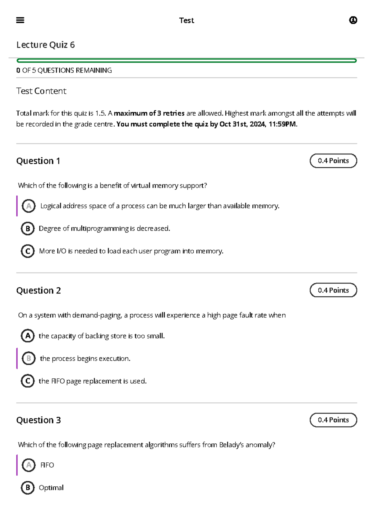 Quiz 6 - Lecture Quiz on Virtual Memory Concepts - Studocu