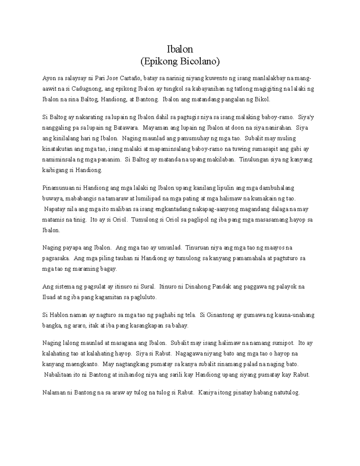 Epikong Ibalon: Isang Pag-aaral sa Kasaysayan ng Bikol - Studocu