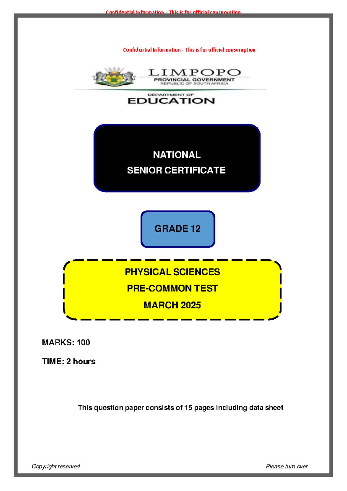 Physical Sciences Grade 12 NSC Pre-Common Test March 2025 - Studocu