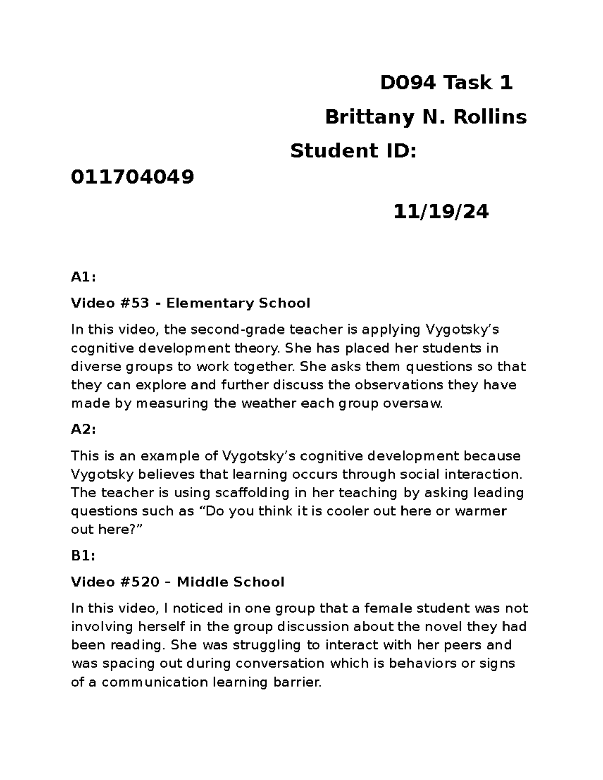 D094 Task 1: Cognitive Development in Elementary & Middle School Videos ...