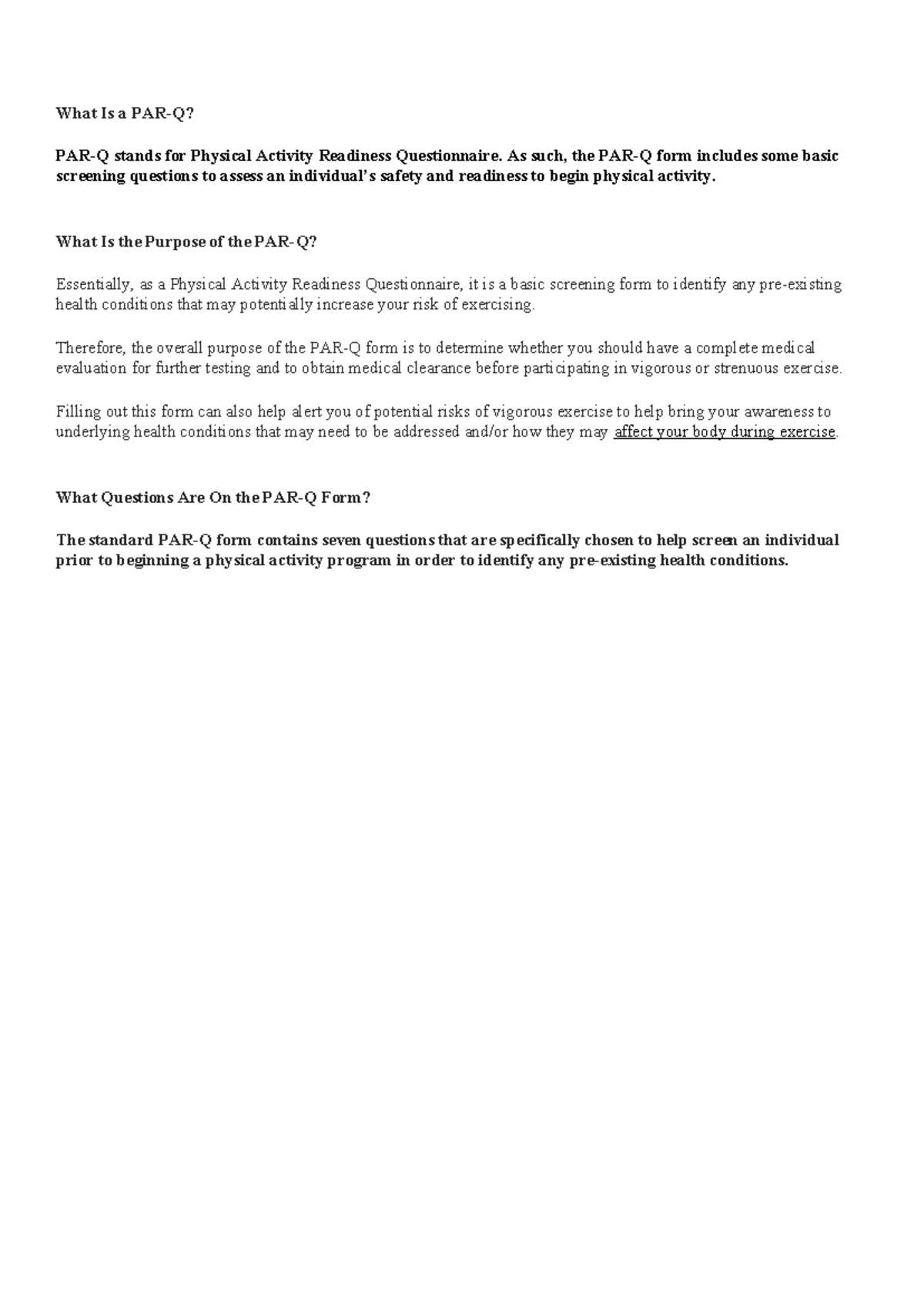 Physical Activity Readiness Questionnaire (PAR-Q) Overview - Studocu