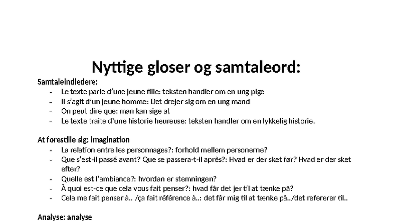 Nyttige gloser og samtaleord til Fransk 101: Dialog og Analyse - Studocu