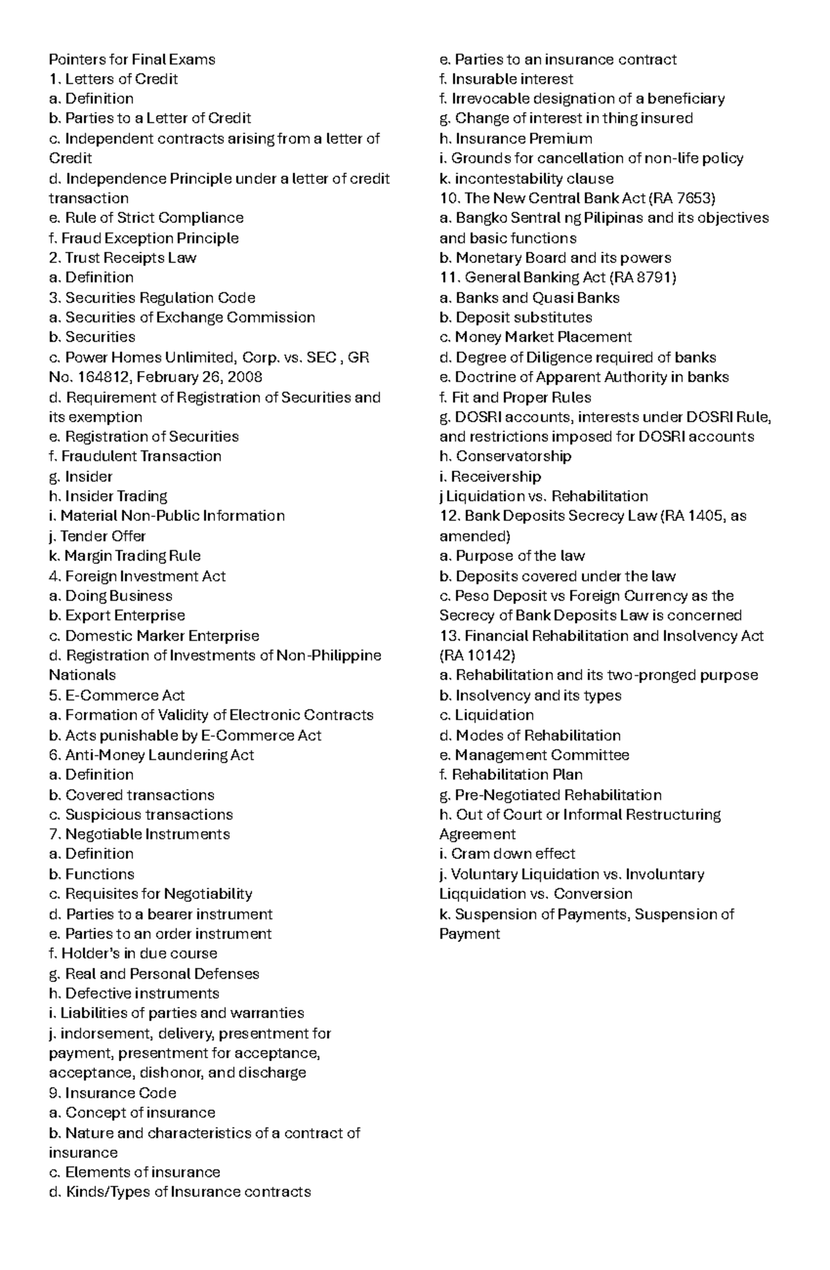 Pointers for Final Exams - Pointers for Final Exams Letters of Credit a ...