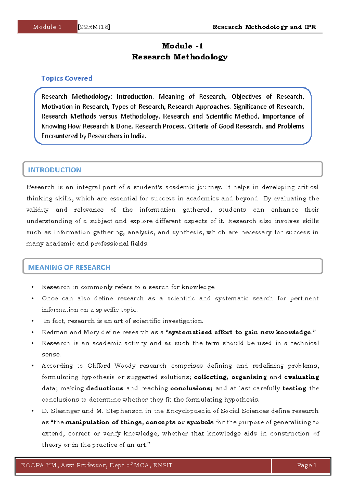 Rnsit RMI - Module - 1 Research Methodology Topics Covered Research is ...