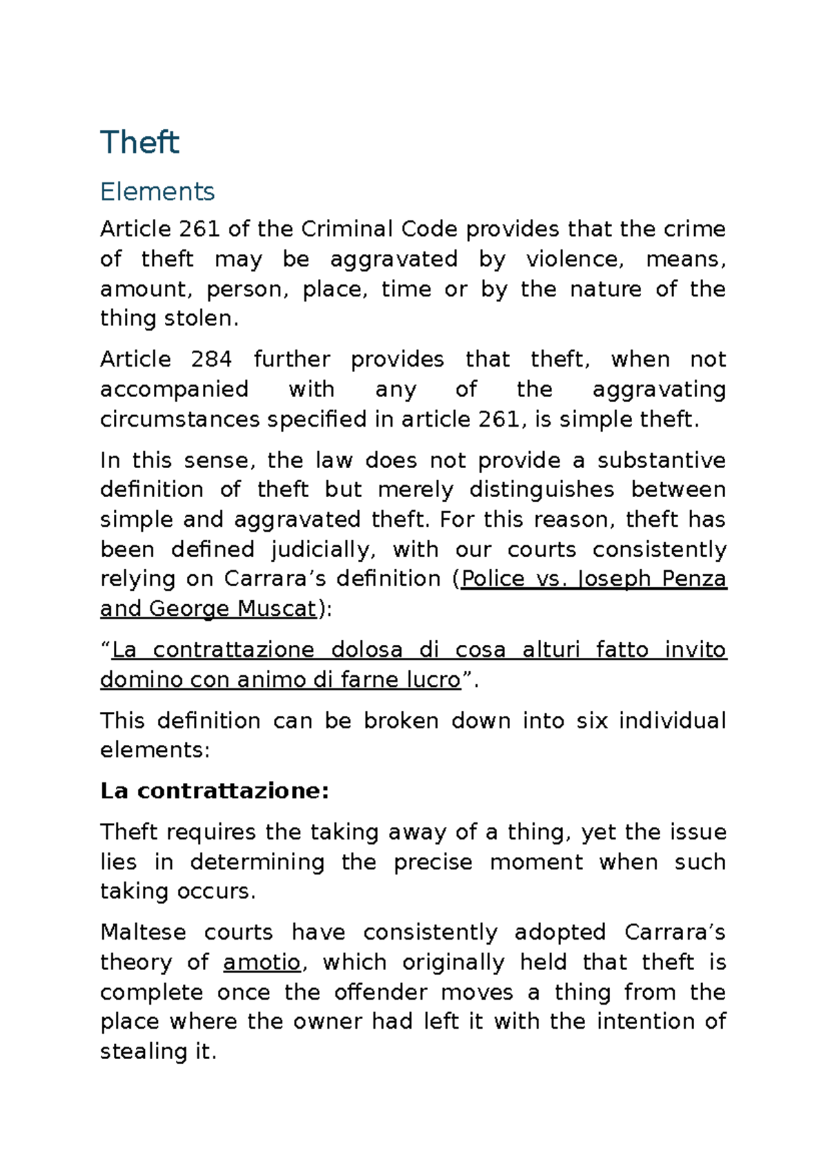 Theft Elements: Analyzing Articles 261-269 of the Criminal Code - Studocu