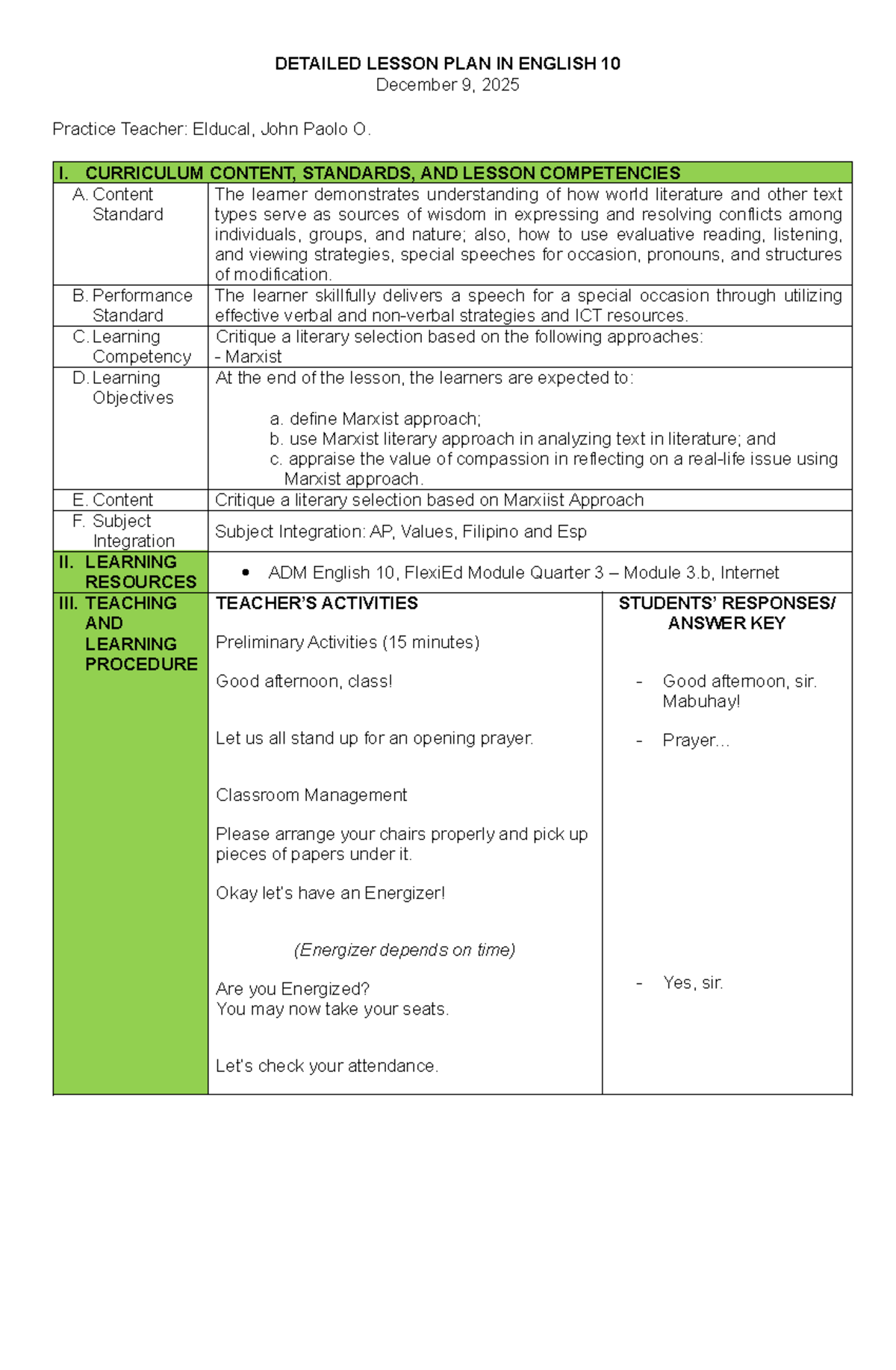 DETAILED LESSON PLAN: MARXIST APPROACH IN ENGLISH 10 - Studocu