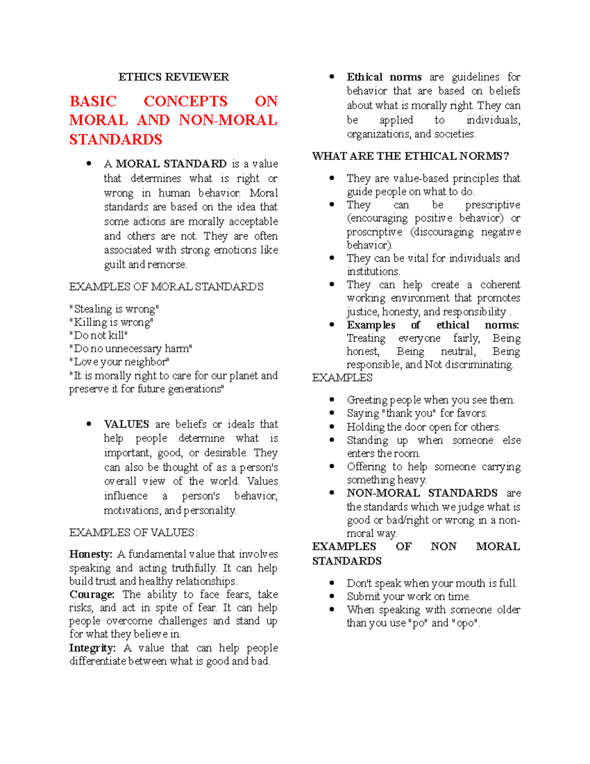 ETHICS REVIEWER: BASIC CONCEPTS OF MORAL STANDARDS AND VALUES - Studocu