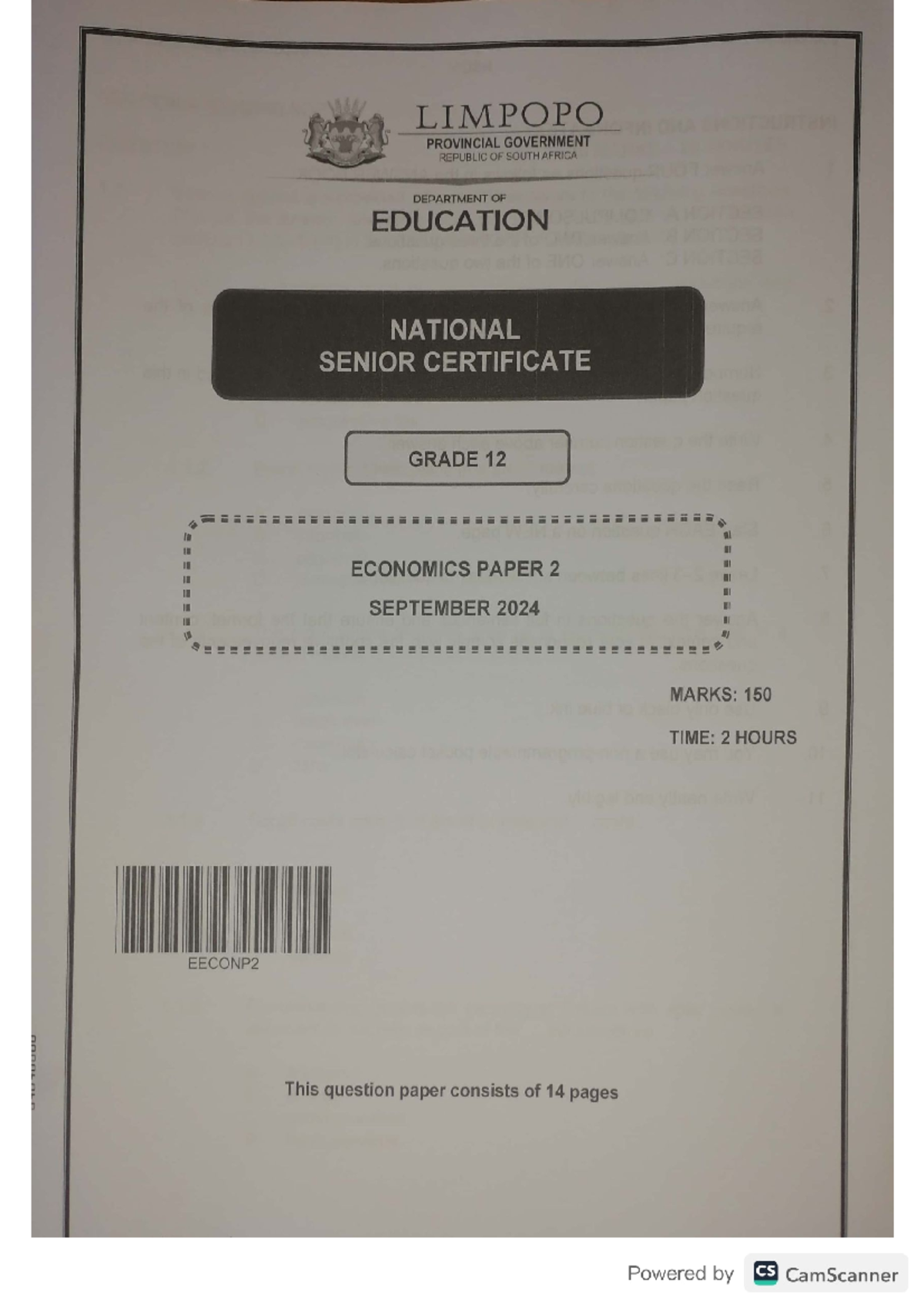 Economics Grade 12 NSC September 2024 Paper 2 Test - Studocu