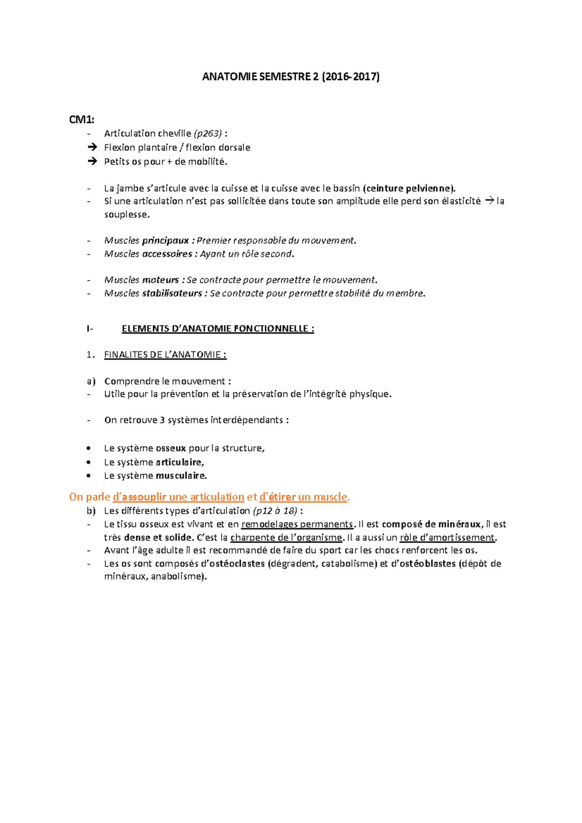 Anatomie Staps Semestre 2 - Warning: TT: undefined function: 32 Warning: TT: undefined function ...