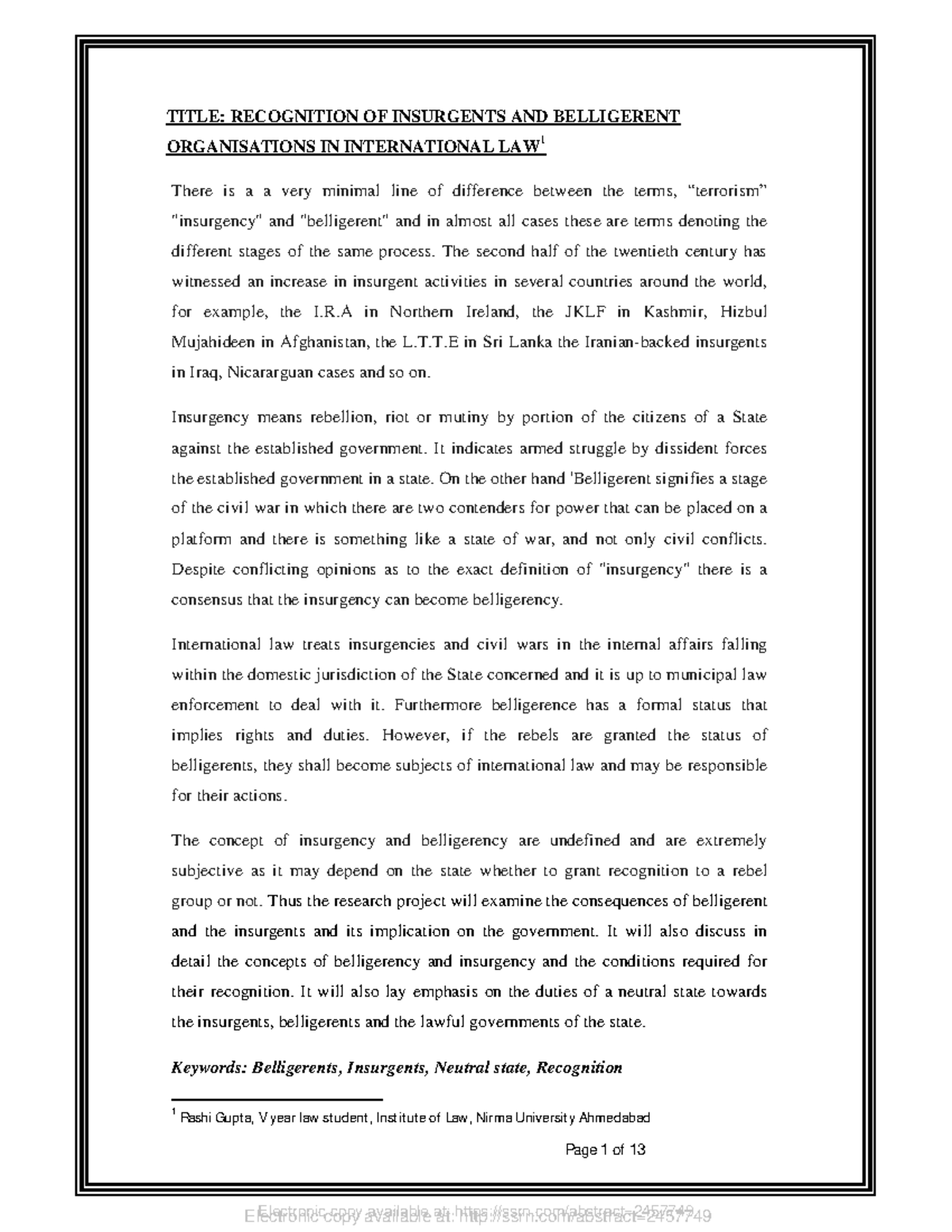 Recognition of Insurgents and Belligerents in International Law (LAW ...