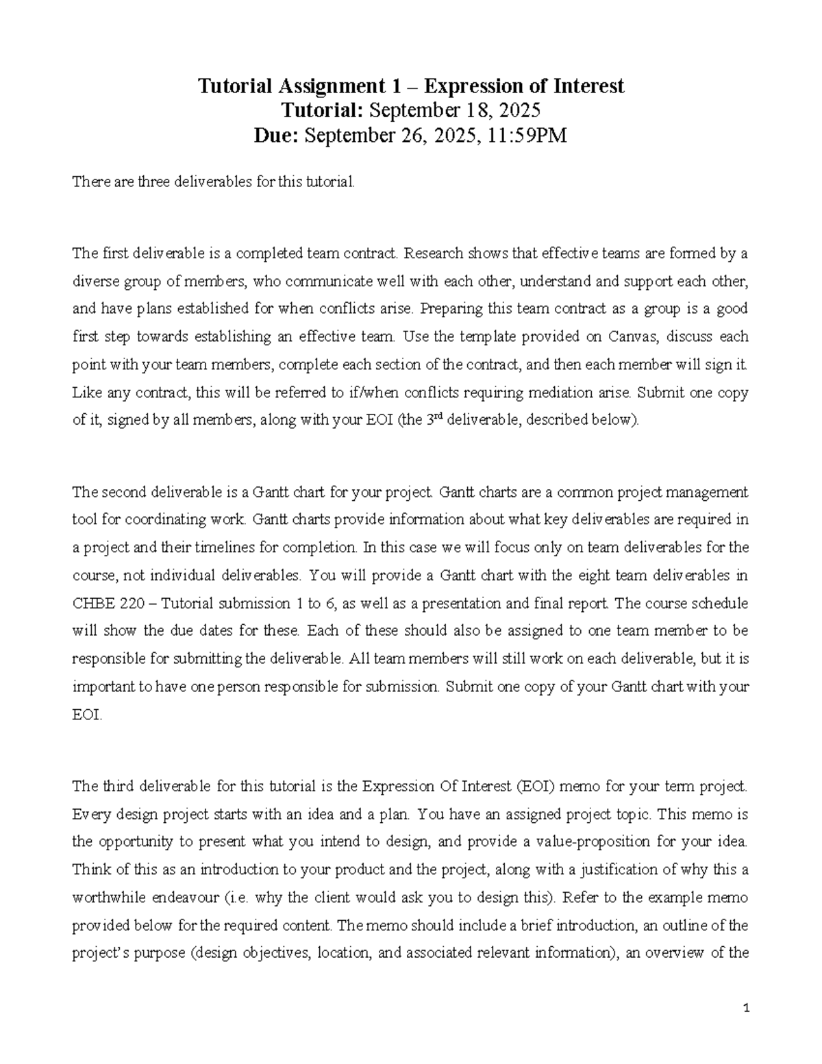 CHBE 220 Tutorial 1: Expression of Interest & Team Deliverables Guide ...