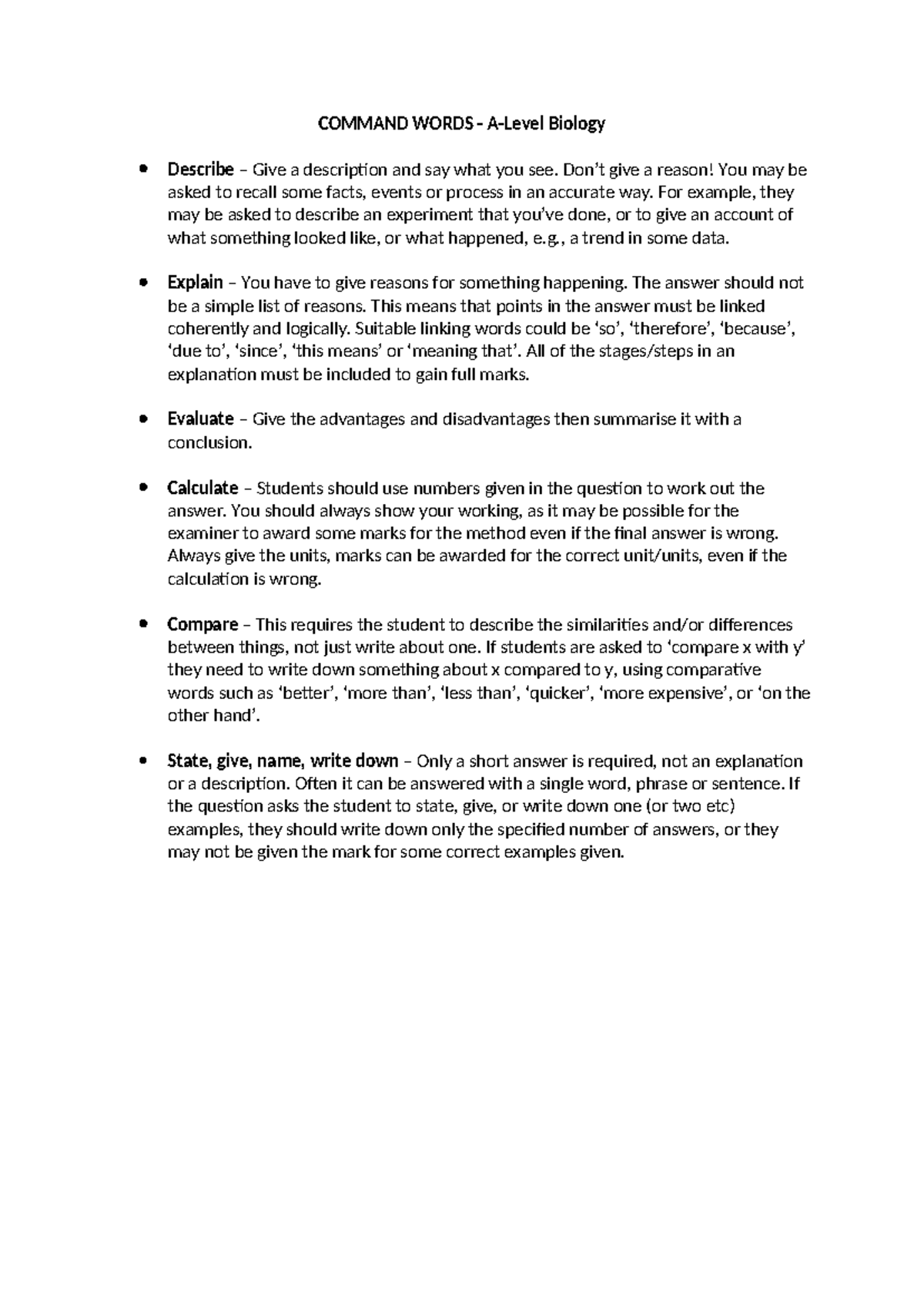 A-Level Biology Command Words Explained: Describing & Evaluating - Studocu
