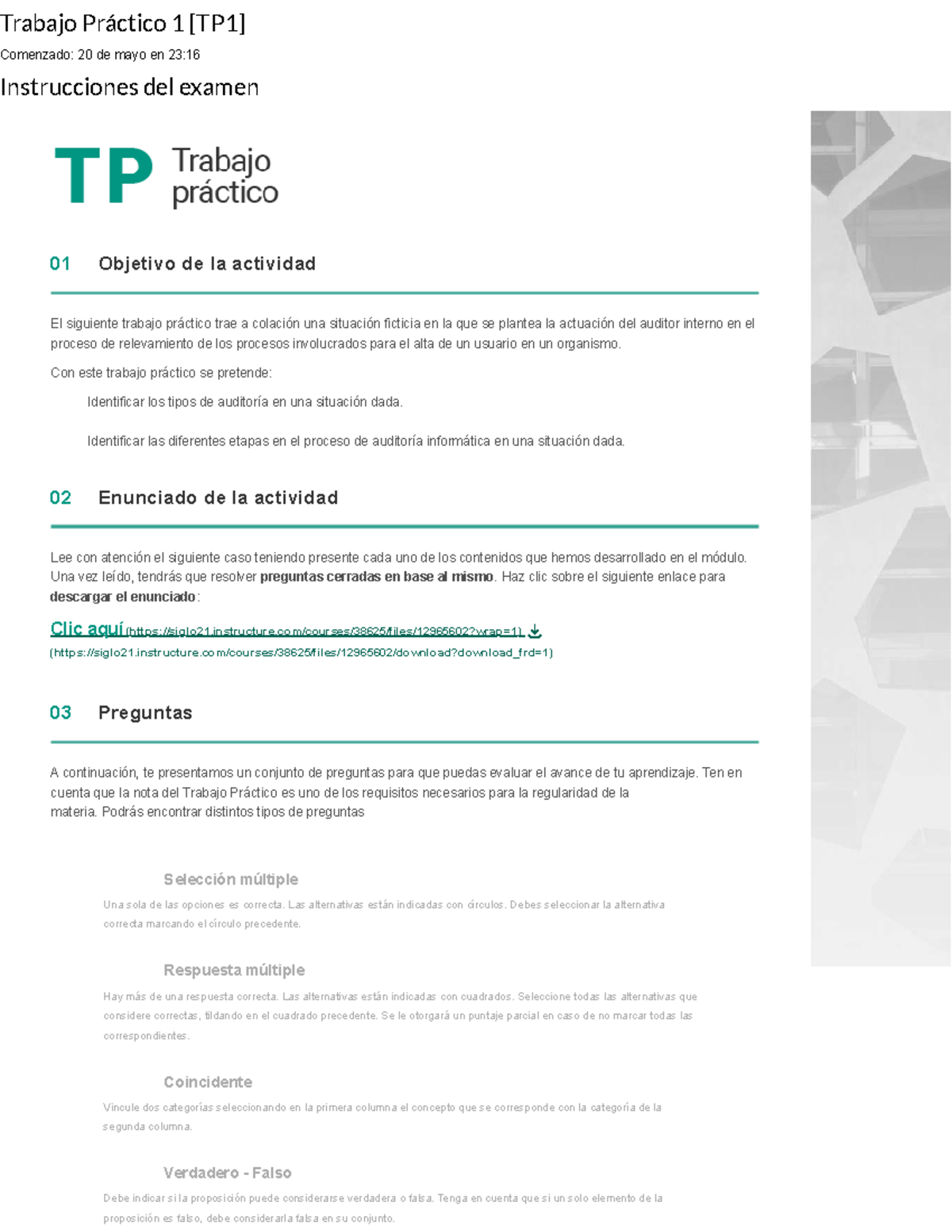 Examen Trabajo Práctico 1 [TP1] - Auditoría de Sistemas y Procesos - Studocu