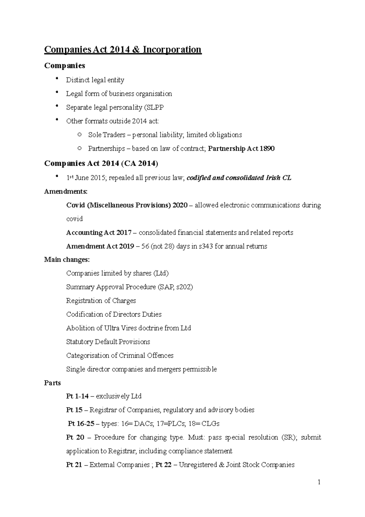 Companies Act 2014: Key Provisions and Company Types Overview - Studocu