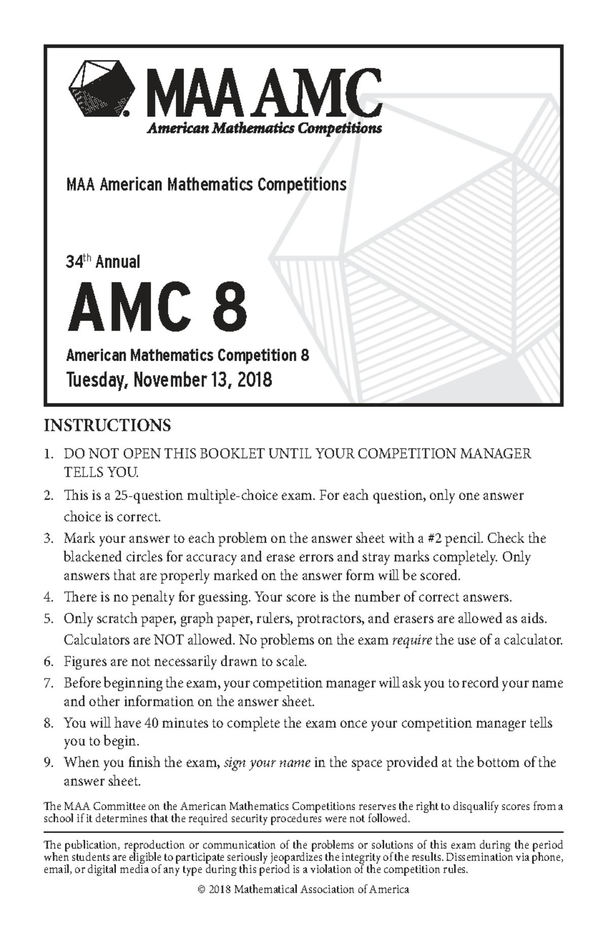 AMC 8 - 2018 American Mathematics Competition Instructions and Problems ...