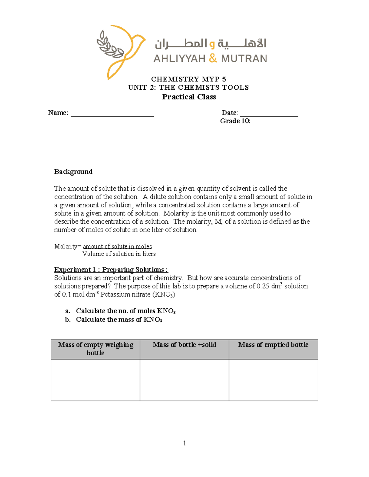 CHEMISTRY MYP 5: Preparing Solutions & Dilutions - Practical Class ...
