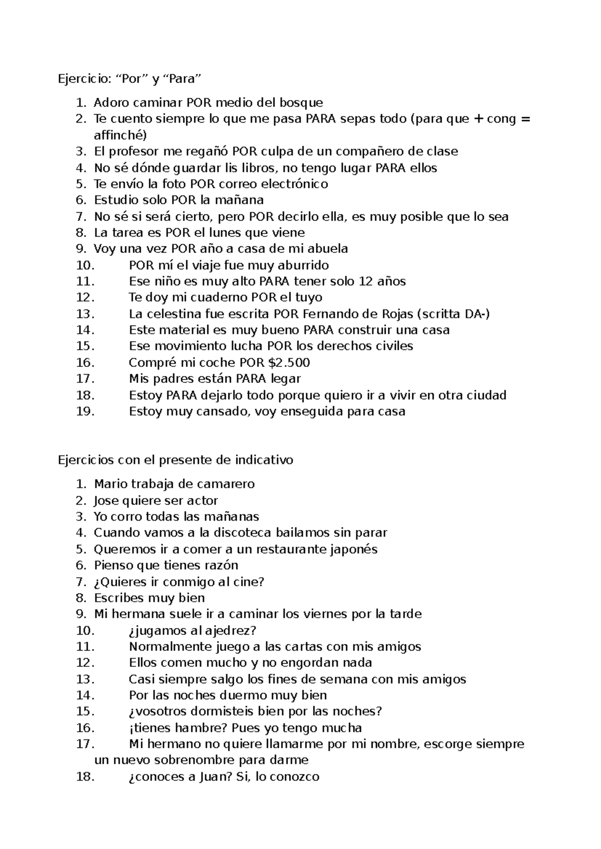 Ejercicios de Español: Uso de Preposiciones y Verbos - Studocu