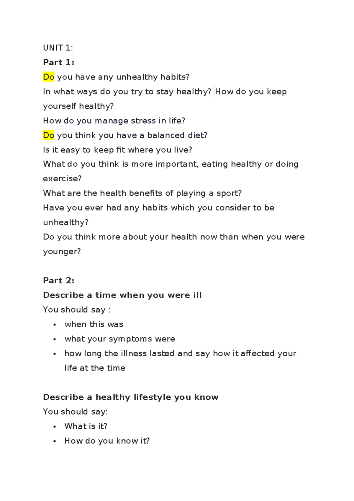 B1.1 P1: Healthy Habits and Lifestyle Reflections - Năm 1 - Studocu