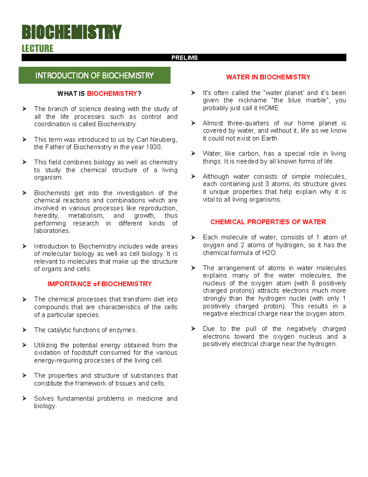 Introduction to Biochemistry: Lecture Notes (BIO101) - Studocu