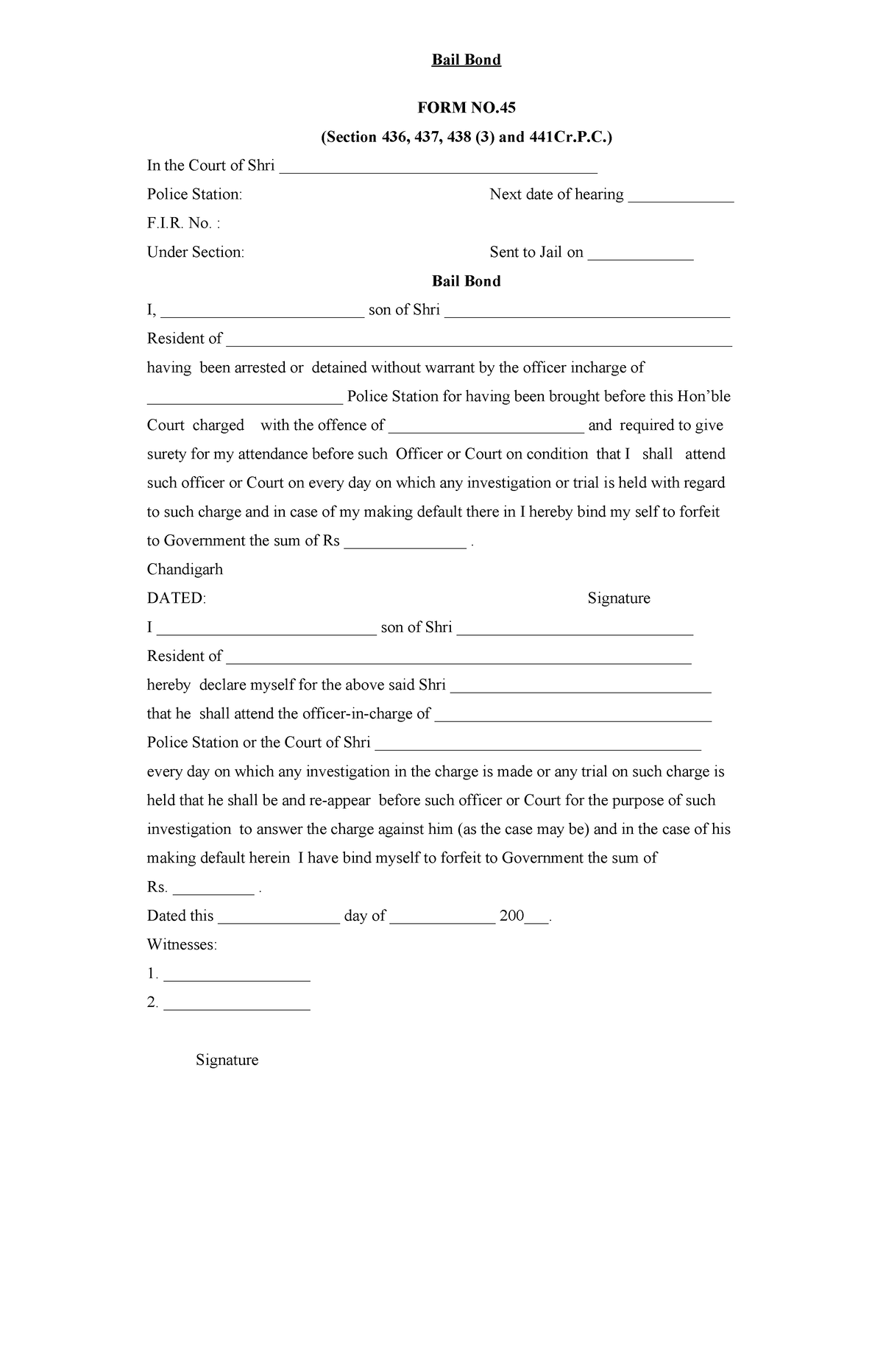 Bail Bond Format No. 45 - Cr.P.C. Sections 436-441 - Studocu