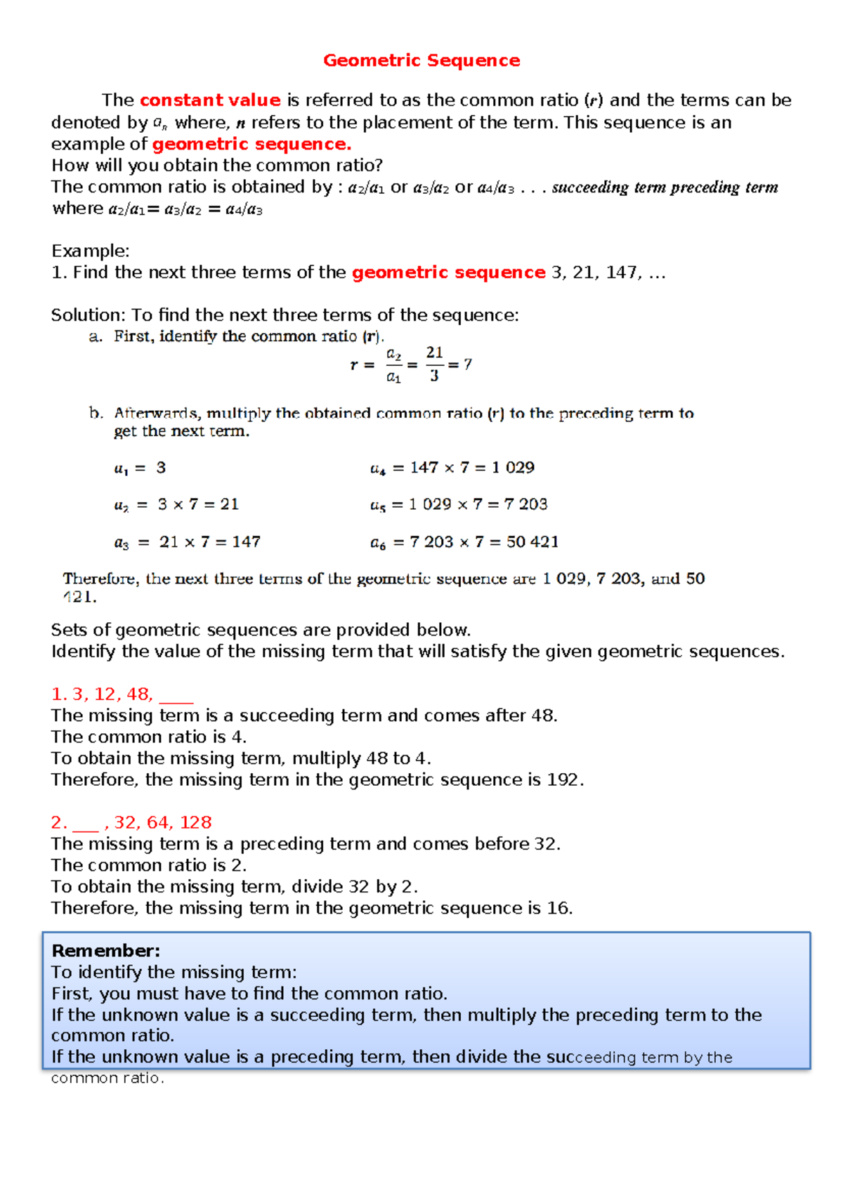 Geometric Sequence Concepts and Common Ratio (TUE) - Studocu