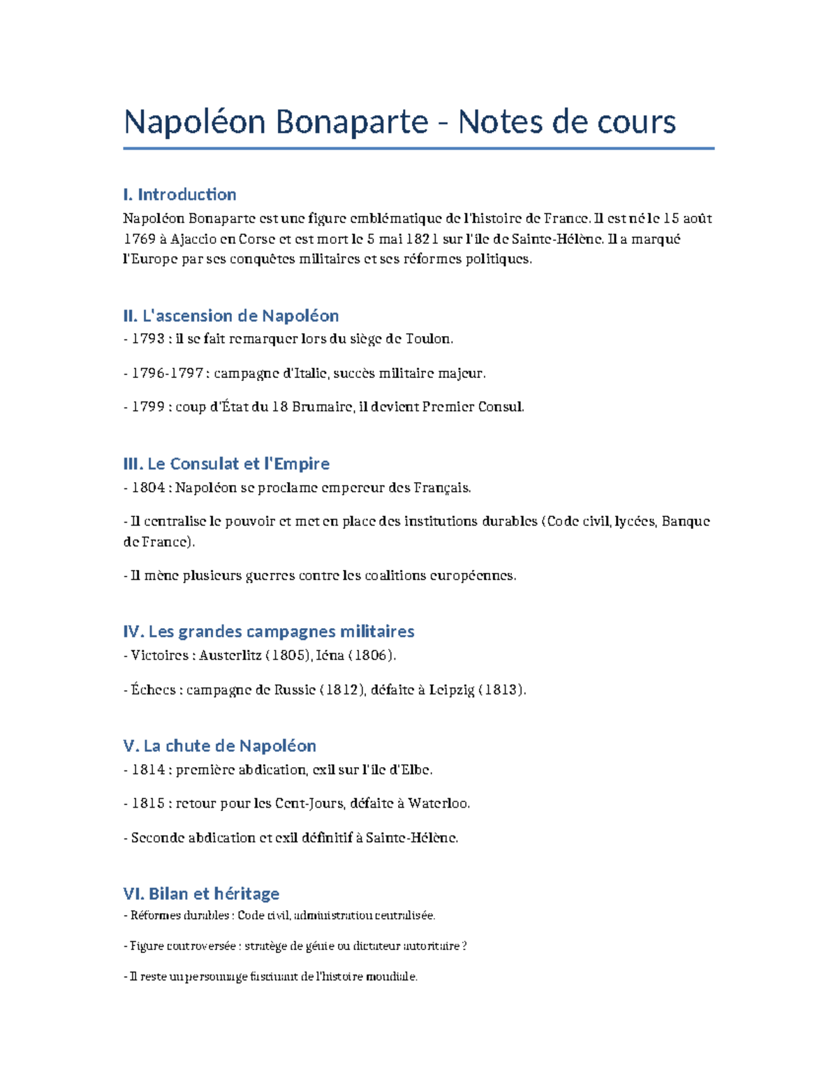Notes de cours sur Napoléon Bonaparte - Histoire et Héritage - Studocu