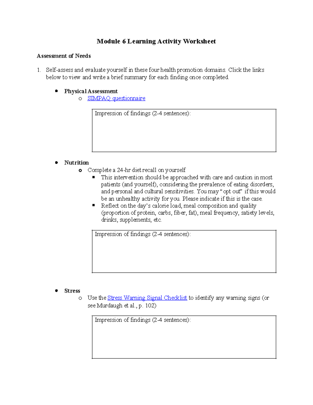 Module 6 Learning Activity Worksheet: Health Promotion Self-Assessment - Studocu