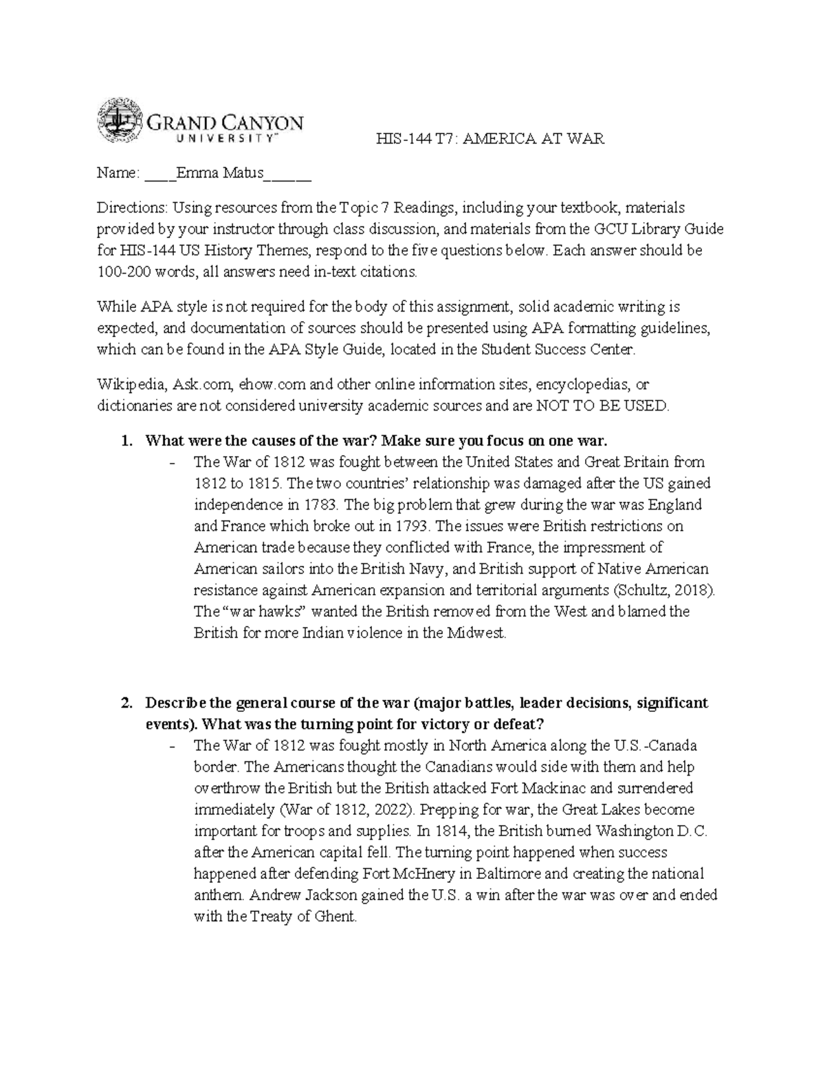 HIS-144: America at War - War of 1812 Analysis Worksheet - Studocu