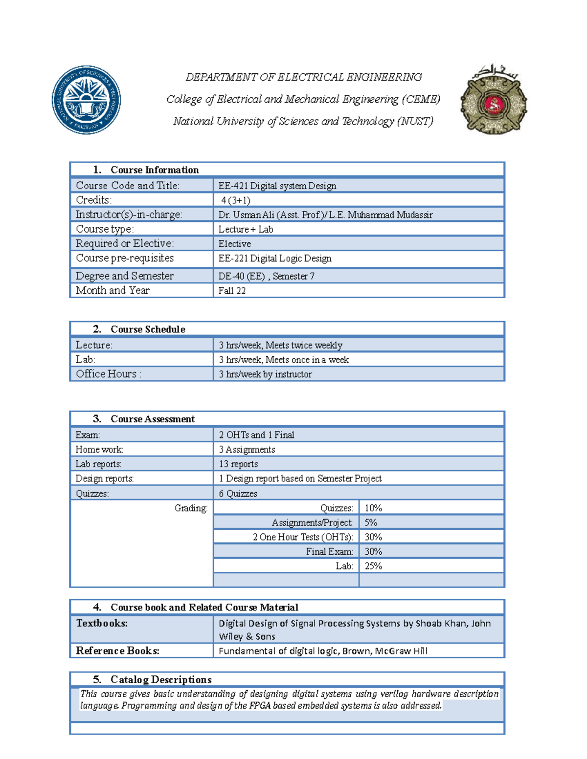 EE-421 Digital System Design Course Outline & Schedule (Fall 22) - Studocu
