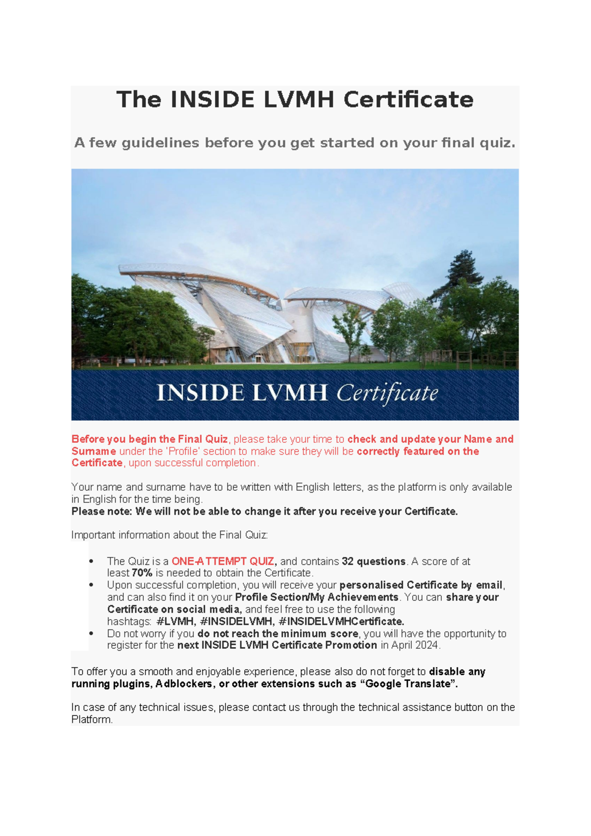 INSIDE LVMH Certificate Final Quiz Guidelines & Requirements - Studocu