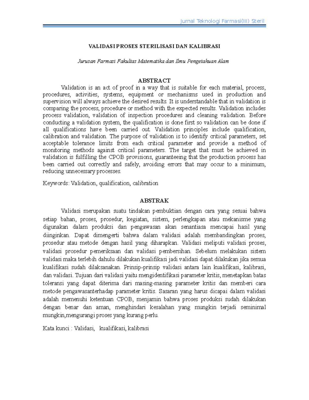 Validasi Proses Sterilisasi dan Kalibrasi - Teknologi Farmasi 5 - Studocu