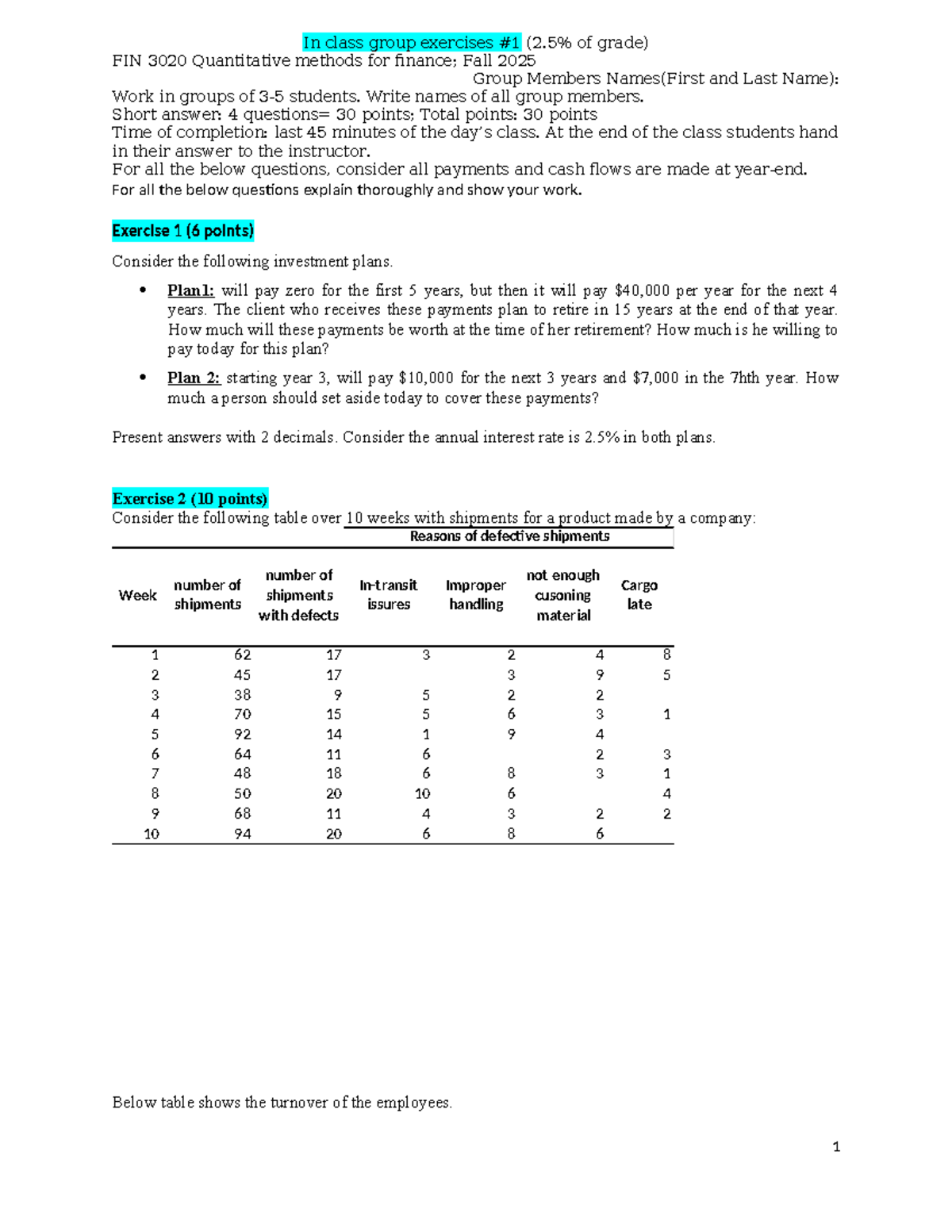 FIN 3020 Group Exercises: Quantitative Methods for Fall 2025 - Studocu