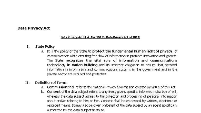 Data Privacy Act (R.A. No. 10173) Overview and Key Provisions - Studocu