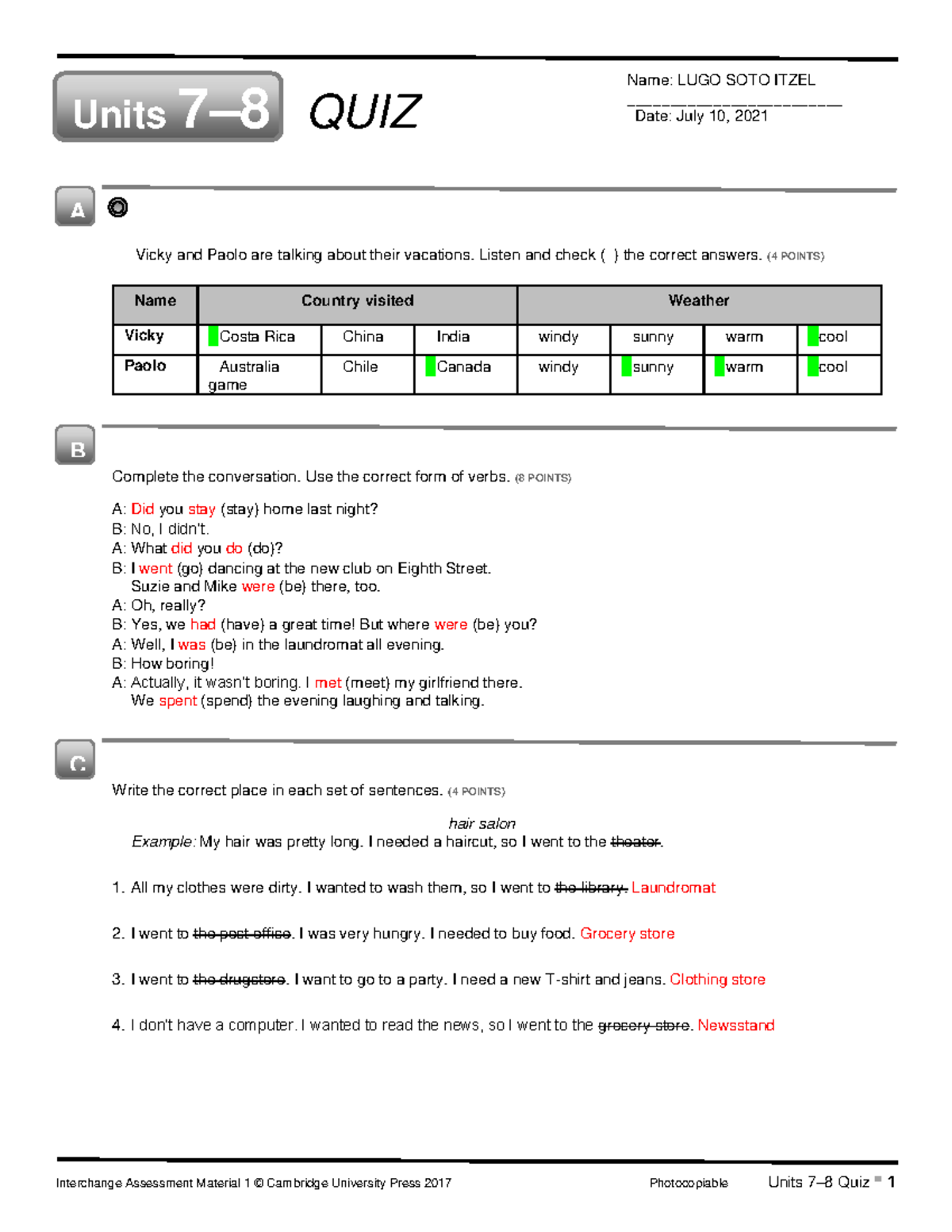 Units 7-8 Quiz - Interchange Assessment Material G6gugugihigufu - Studocu